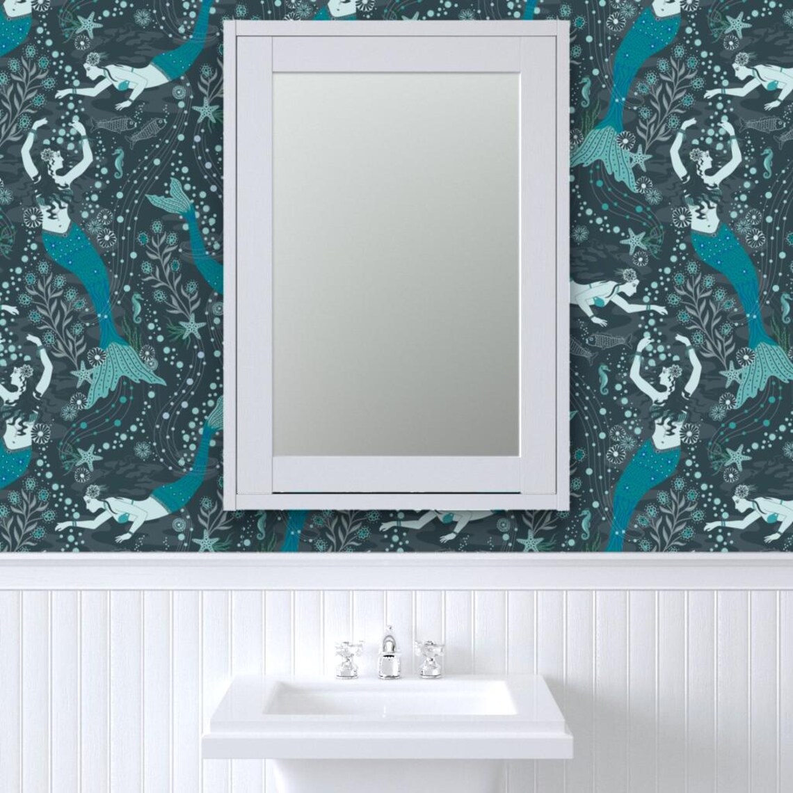 Teal Mermaids Removable Peel and Stick Wallpaper - Turquoise Bubbles ...