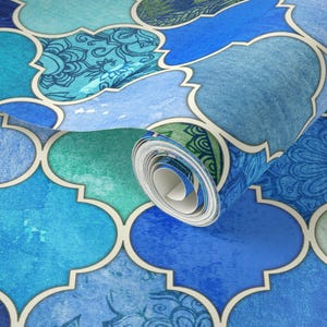 Moroccan Wallpaper - Cobalt Blue and Aqua Decorative Tiles by Micklyn ...