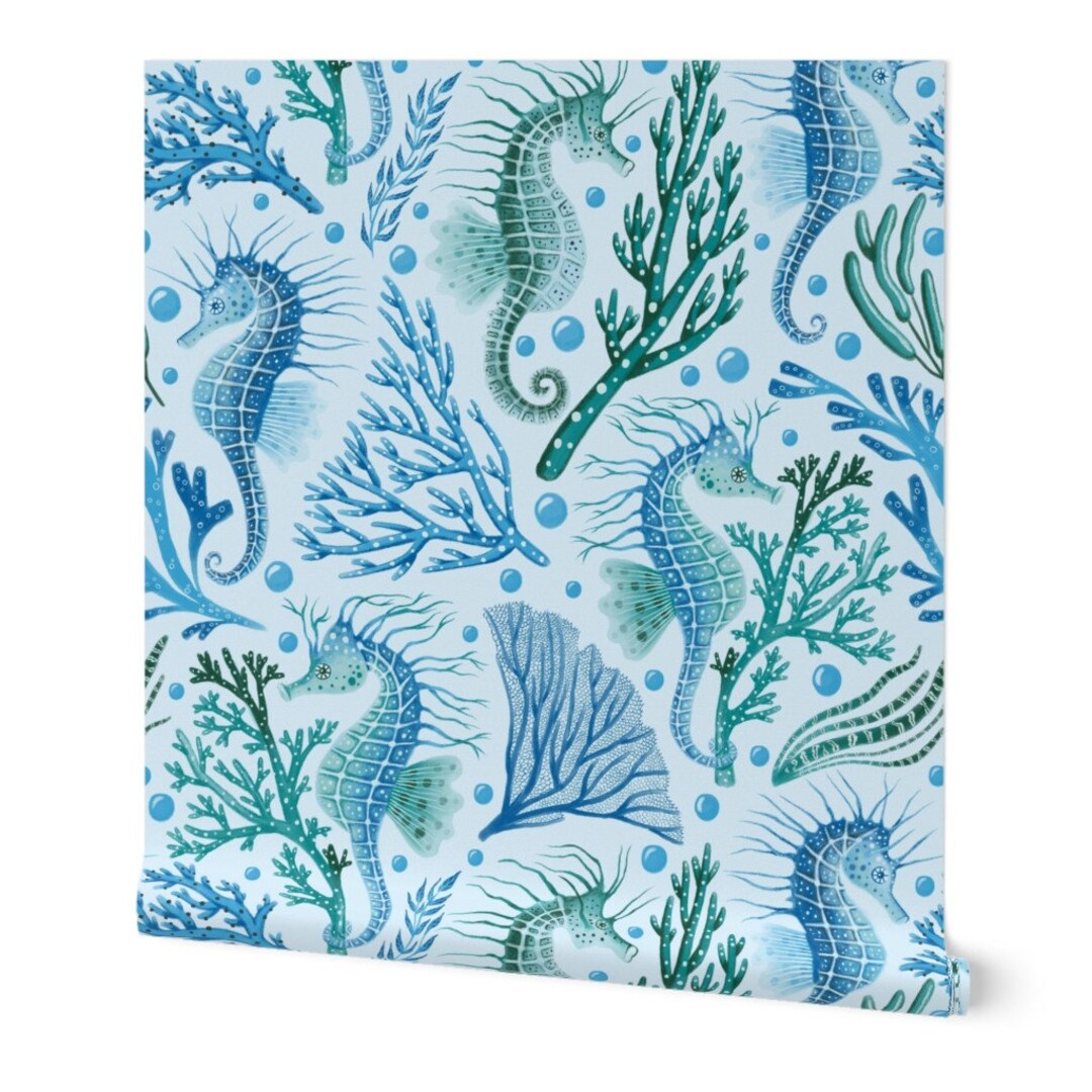Blue Seahorses Wallpaper Seahorses by Katiethomascreative - Etsy