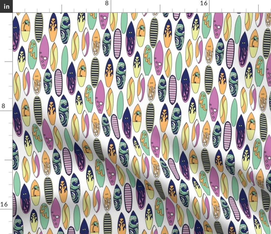 Surfing Fabric Nautical Surf Board Ocean Waves Surfing Navy Mint Orange ...