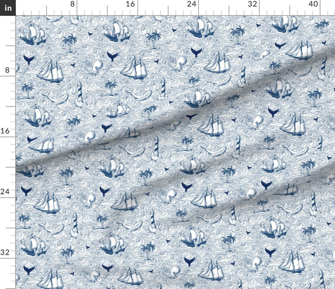 Nautical Blue Ocean Illustration Fabric Vintage Nautical - Etsy