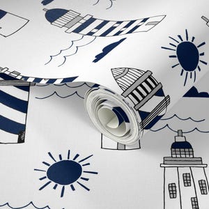 Lighthouse Wallpaper - Navy White Summer Nautical by Andrea Lauren ...