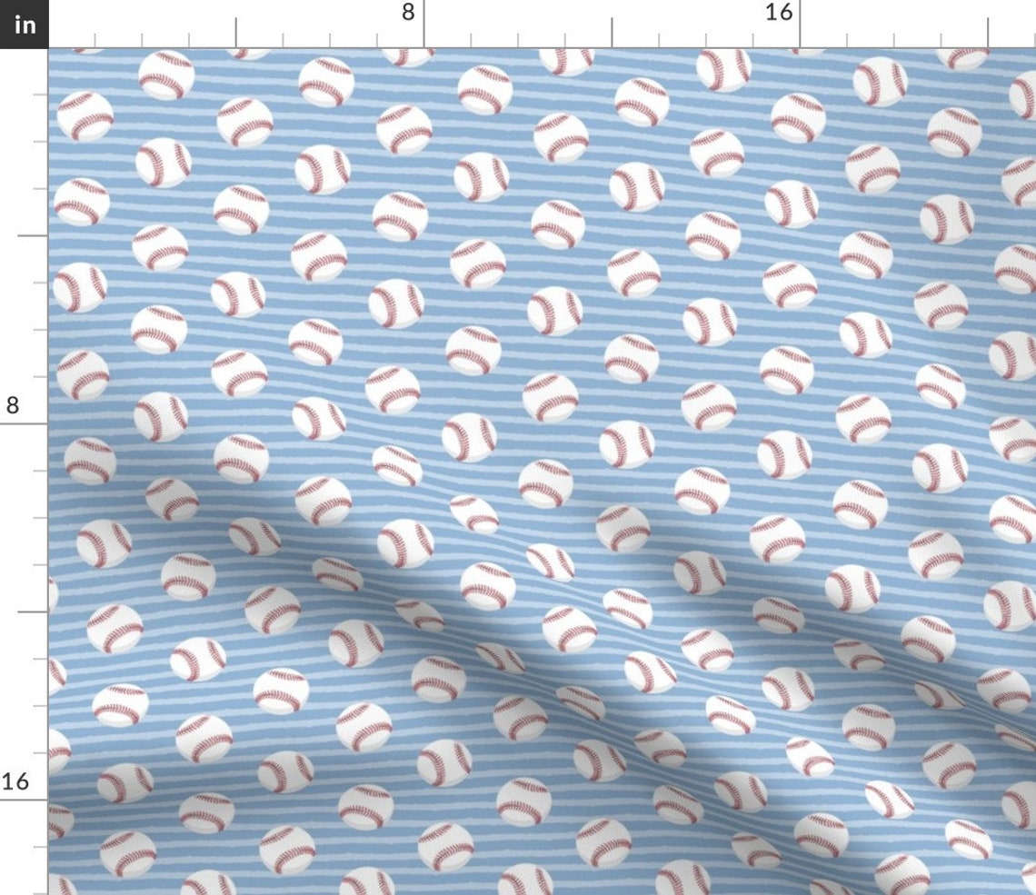 Baseball Fabric Baseballs Light Blue Stripes by - Etsy