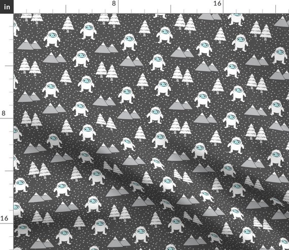 Yeti Snowman Fabric Yetti Trees Mountains Grey With Snow | Etsy