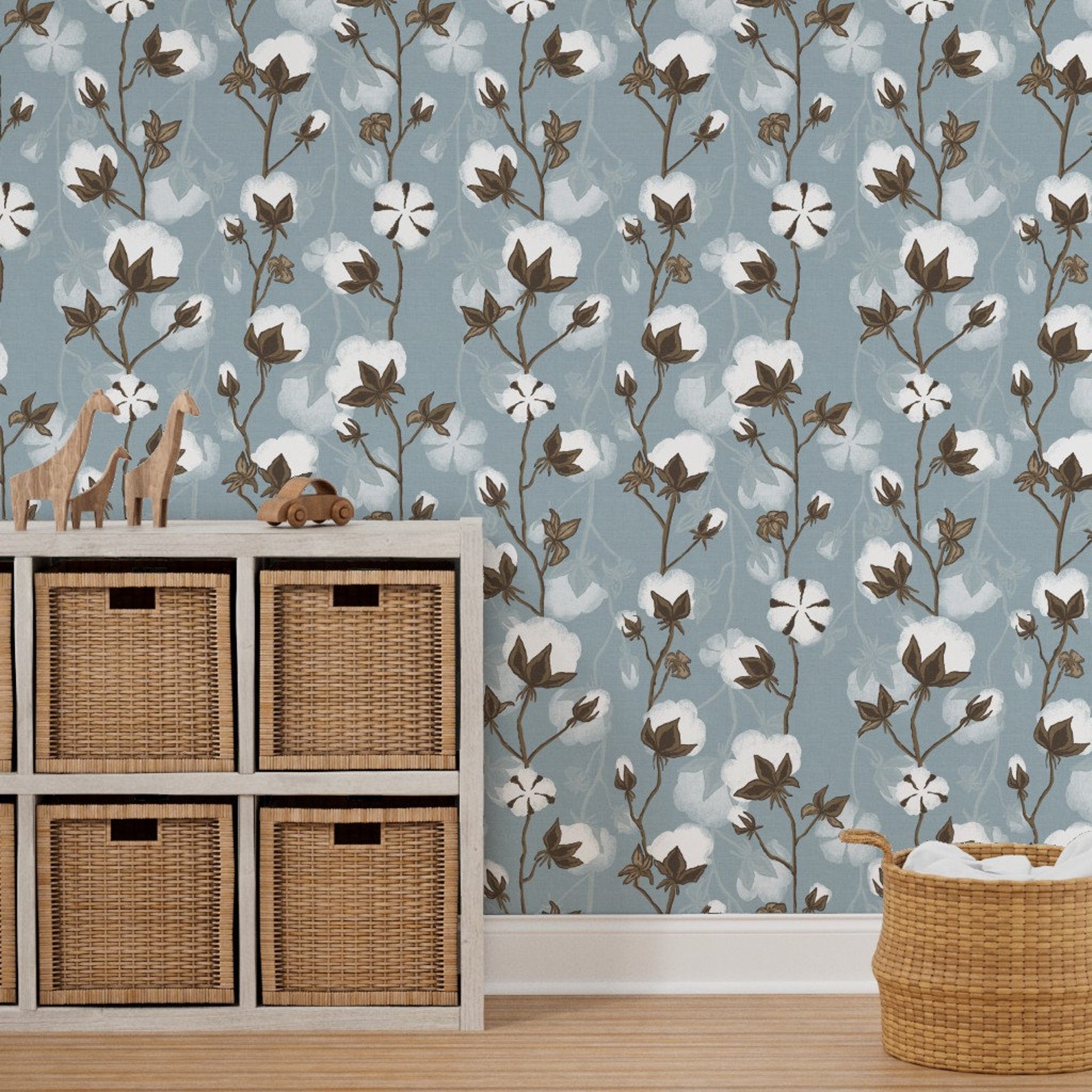 Cotton Wallpaper Cotton Pods on Grey Blue by Katevasilchenko - Etsy