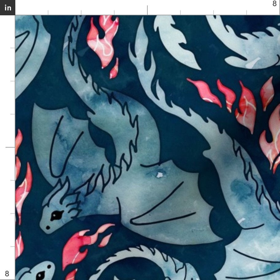 Blue Flying Dragons Fire Fabric Dragon Fire Dark Blue by - Etsy