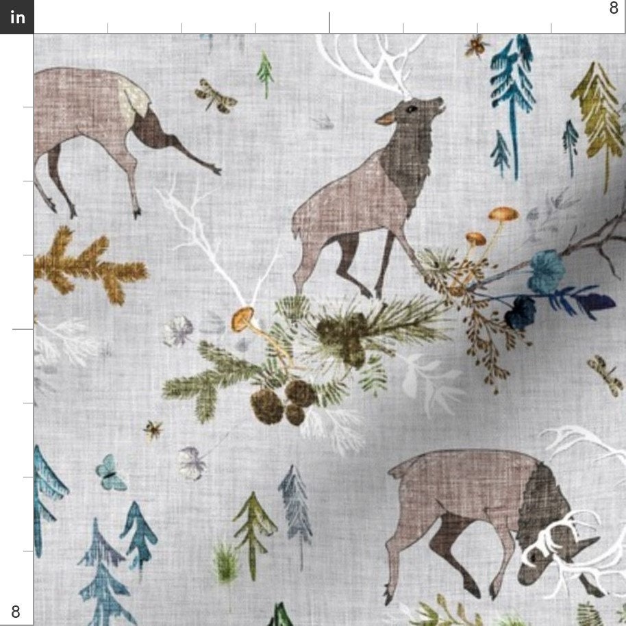 Woodland Stag Fabric Duelling Stags In Forest Med By Nouveau | Etsy