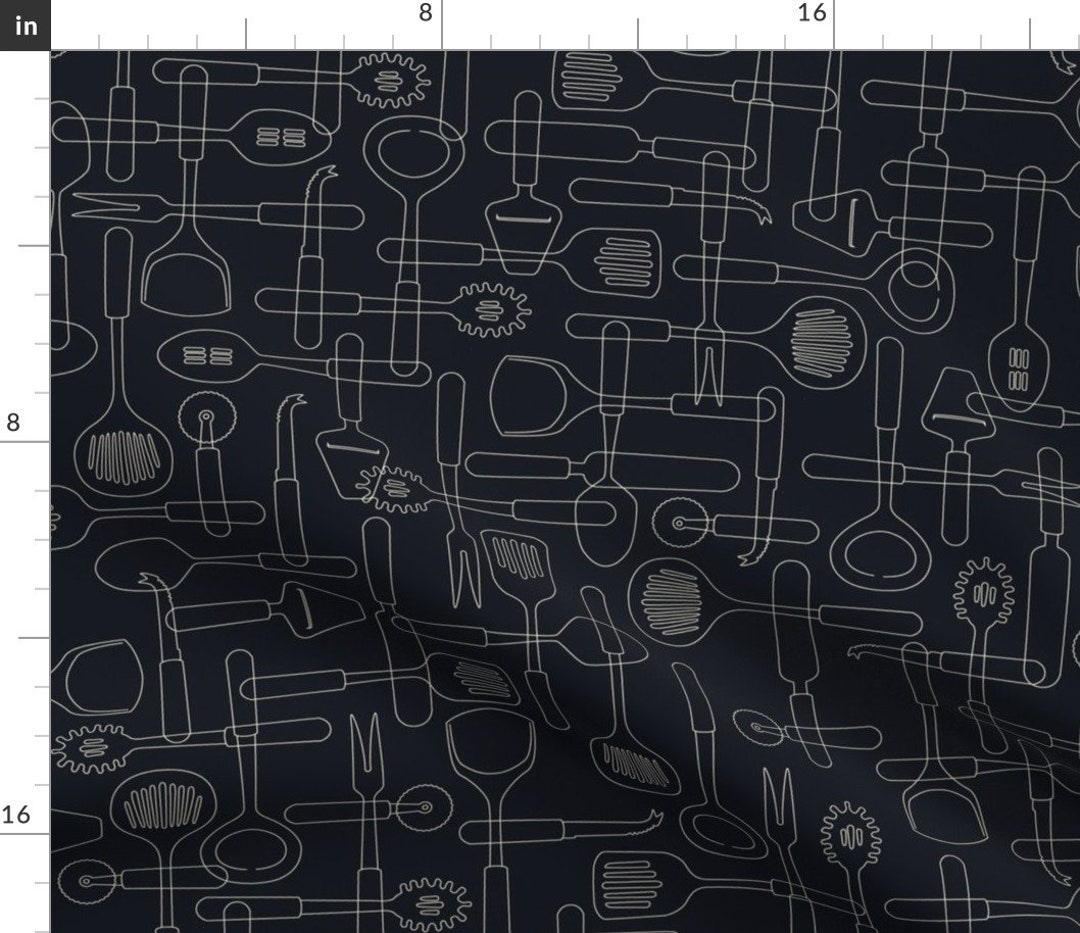 Mod Utensils Fabric Julie's Utensils White on Black by - Etsy