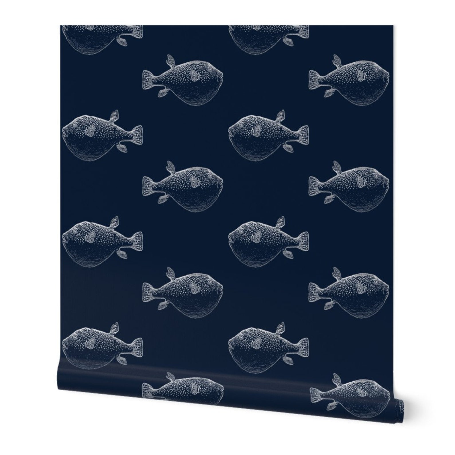 Puffer Fish Wallpaper Puffer Fish Silver on Navy by Jenlats - Etsy