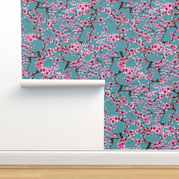 Japanese Wallpaper Sakura Turquoise by Sveta Aho Jumbo - Etsy