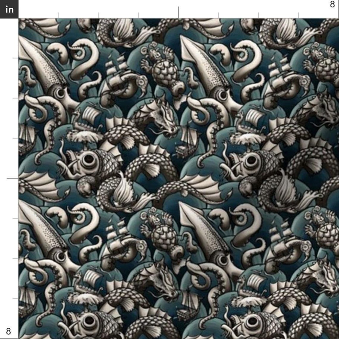 Sea Monsters Fabric - Sea Monsters (blue Sea) by Raul - Nautical Sea ...