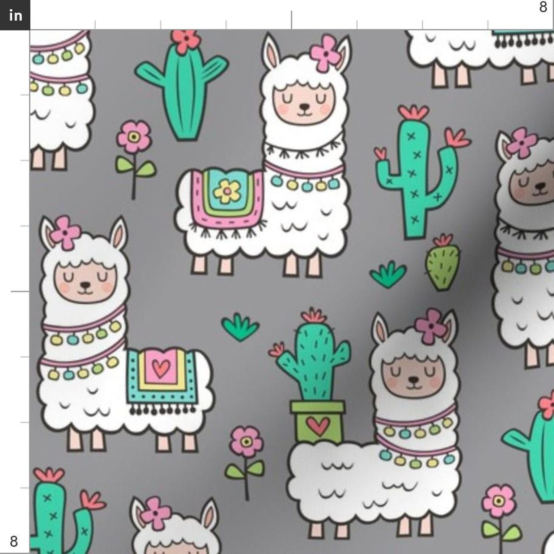 Llamas + Cacti Fabric - Llamas Alpaca Cactus Flowers on Grey by Caja ...