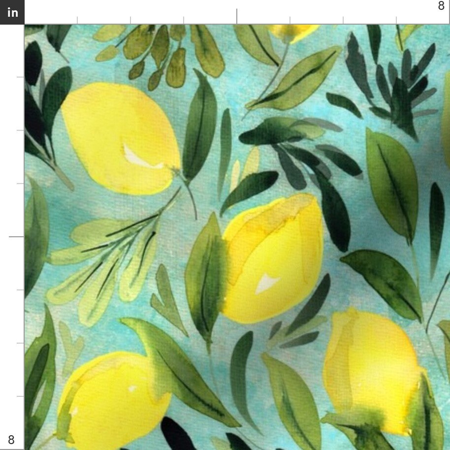 Lemons Fabric Lemons on Teal Blue Watercolor by Rebecca Reck | Etsy