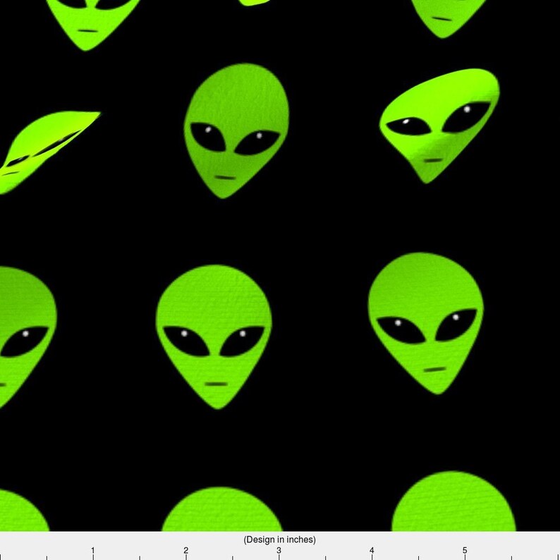 Alien Head Fabric Bright Lime Green Aliens At Night Space | Etsy