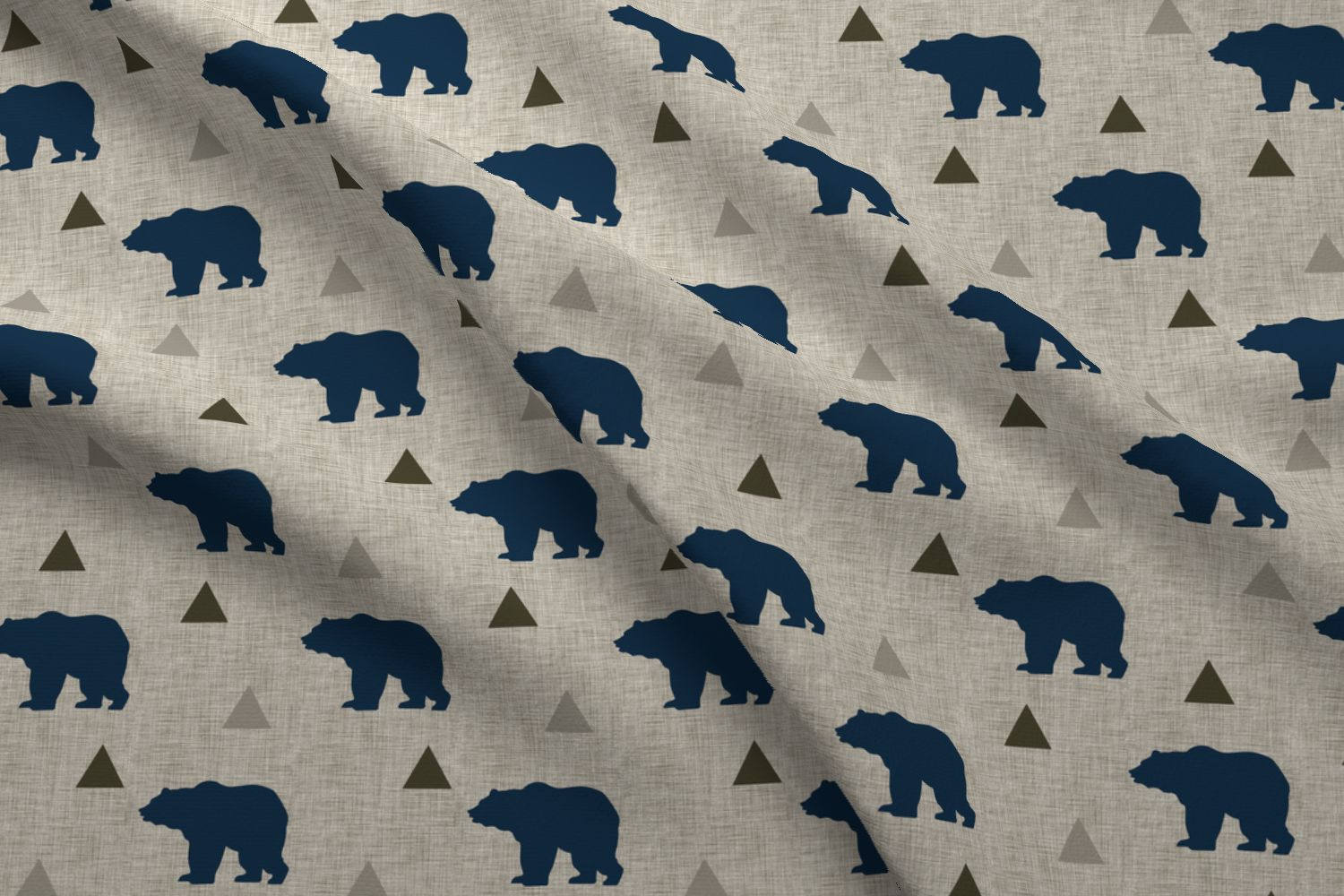 Blue Bear Fabric Bears And Triangles Navy Linen By | Etsy