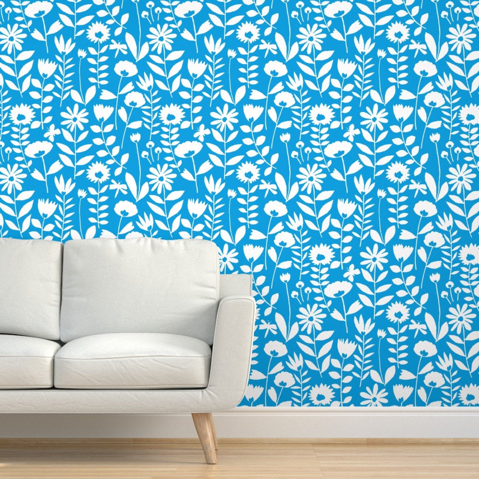 Floral Wallpaper Cutout Flower White on Blue by Kate Rowley - Etsy