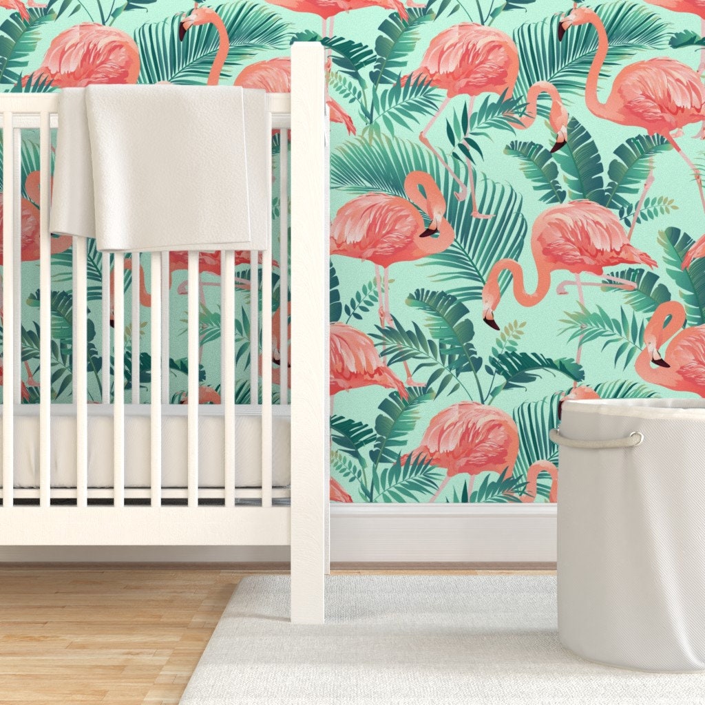 Flamingo Wallpaper Pink Flamingos on Teal Tropical by Khaus - Etsy