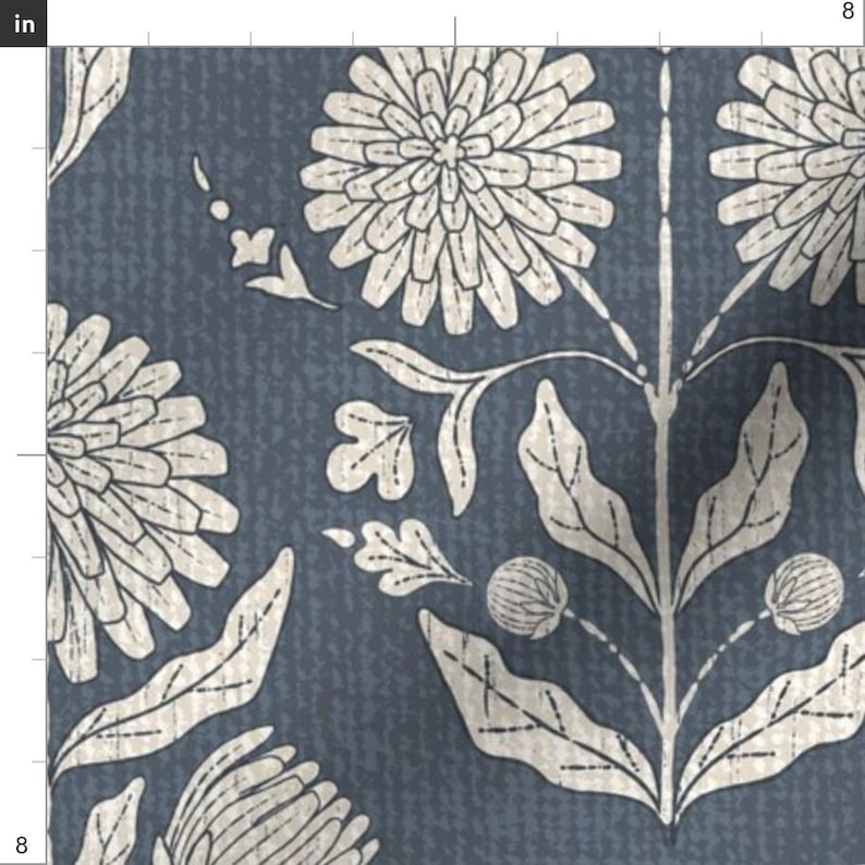 Blue Floral Upholstery Fabric- Vintage Block Print by Garabateo - Retro ...