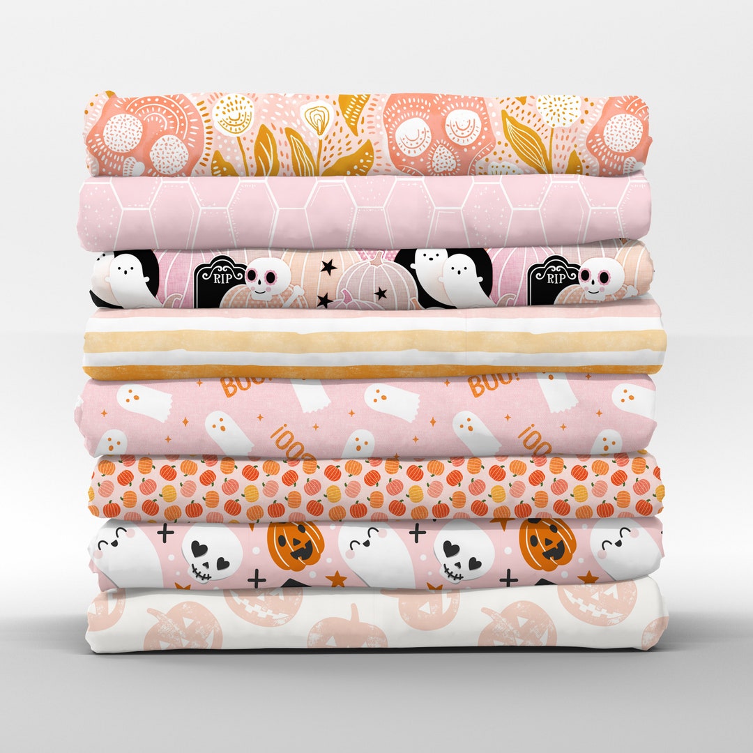 Halloween Cotton Fat Quarters - Pastel Pink Skulls Ghost Pumpkins ...