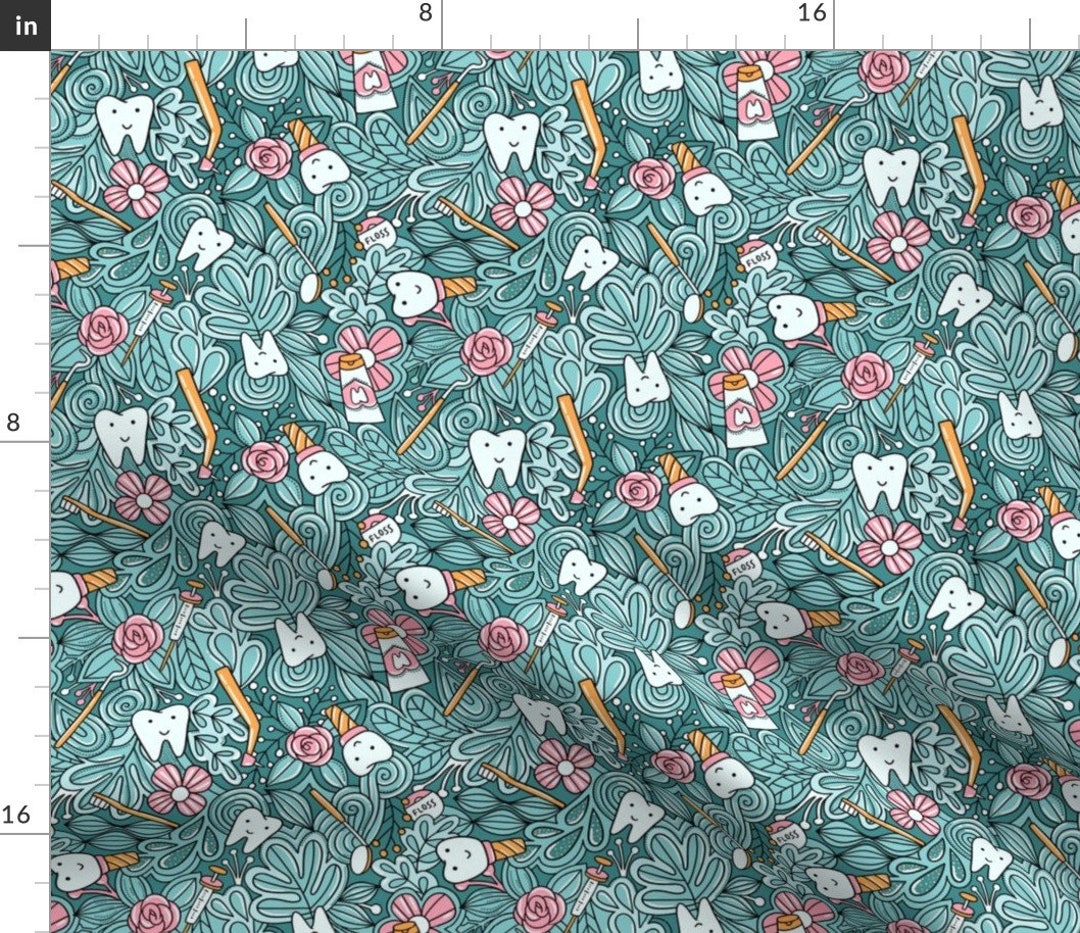Aqua Dentist Fabric Dentist Teeth and Doodles Cute by Kostolom3000 Pink ...