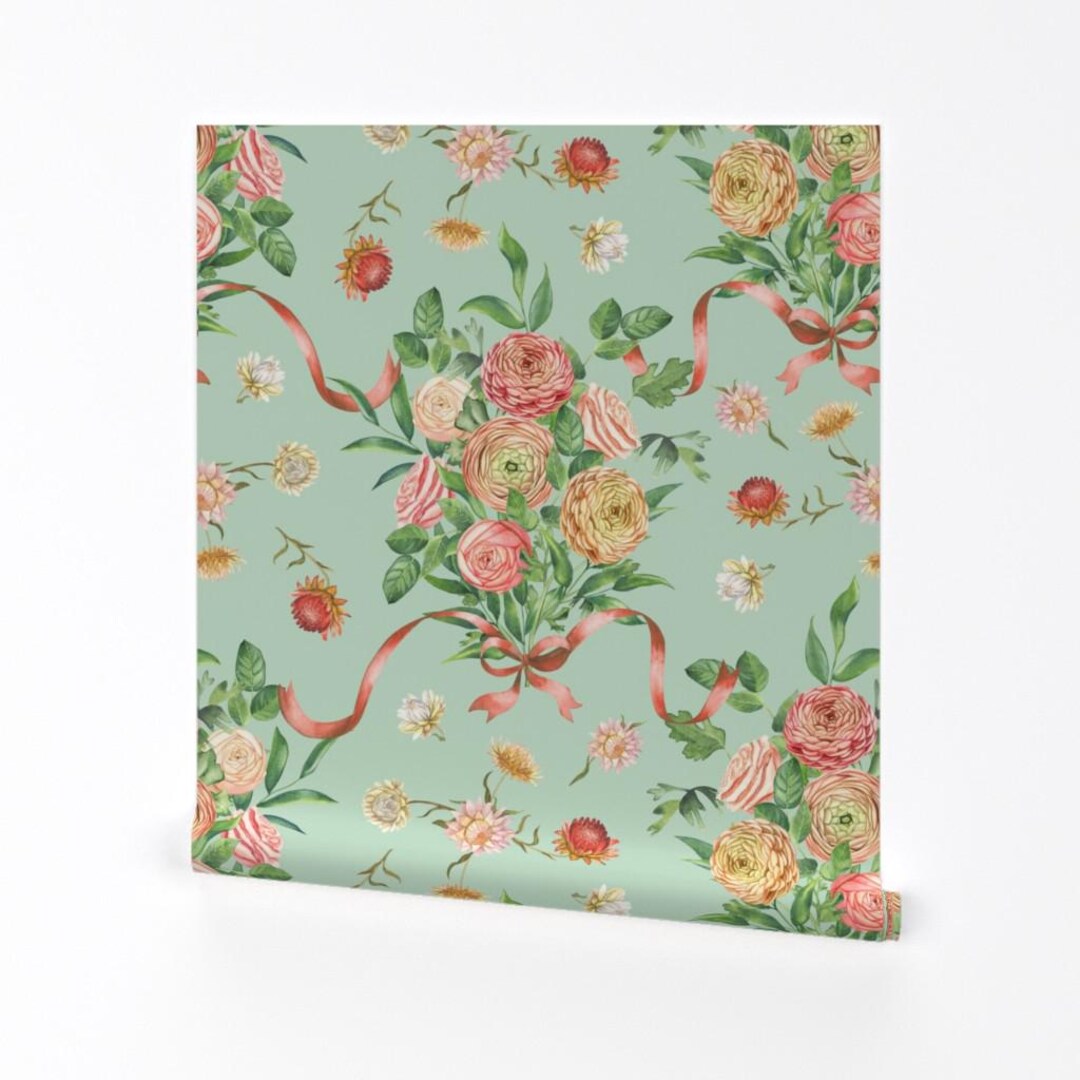 Rococo Bouquets Wallpaper - Floral Rococo Mint by Sveta Aho - Mint Blue ...