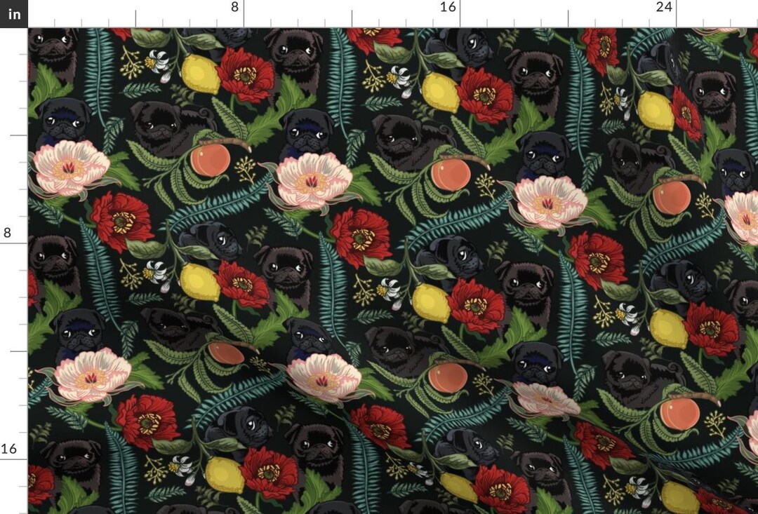 Pug Floral Fabric Botanical and Black Pugs by Huebucket Pug Animal ...