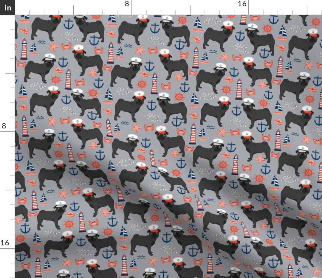 Captain Pug Fabric Black Pug Nautical Summer Nantucket Grey by ...