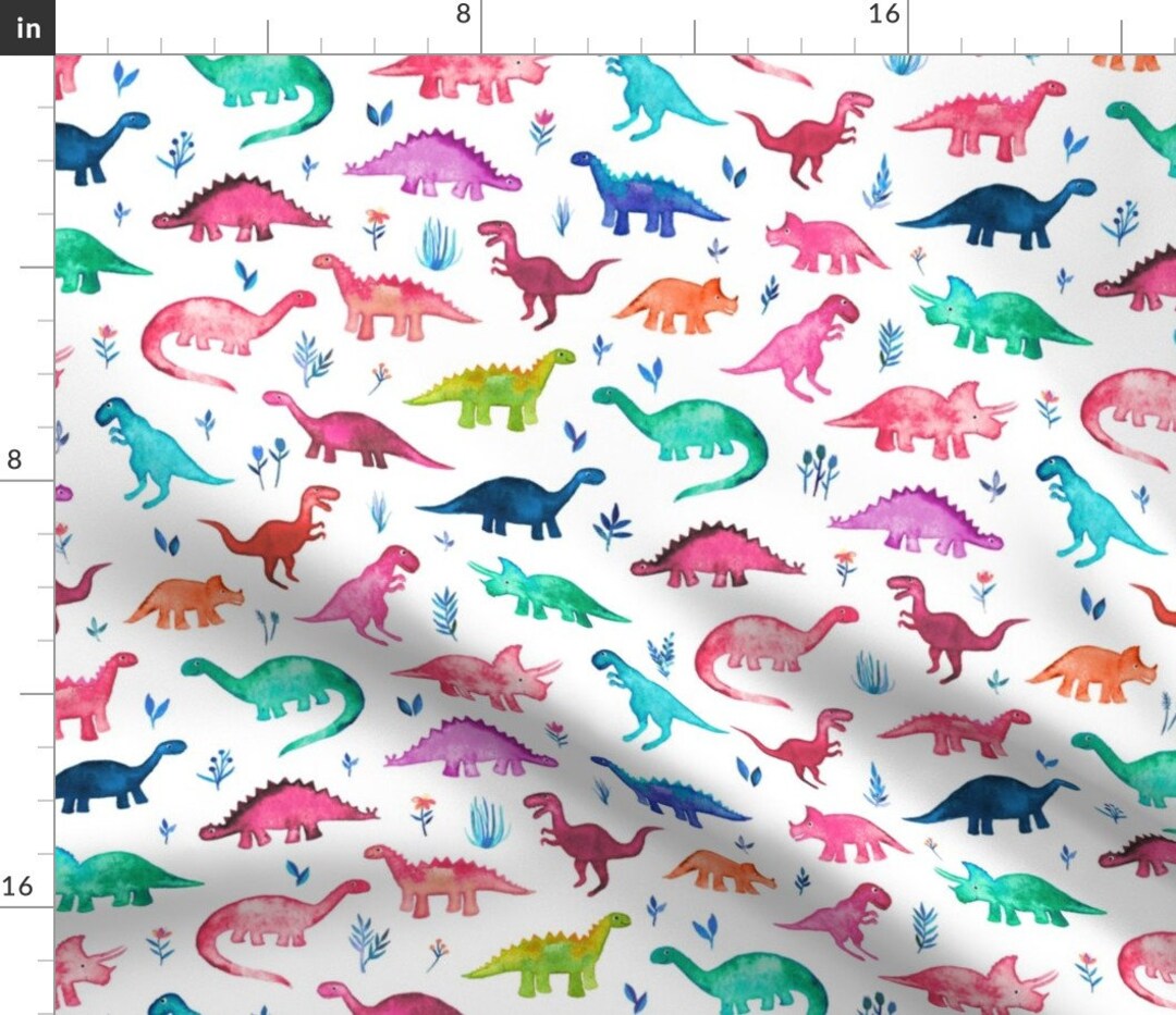 Dino Fabric Little Multicolored Dinos on White by Micklyn Watercolor ...