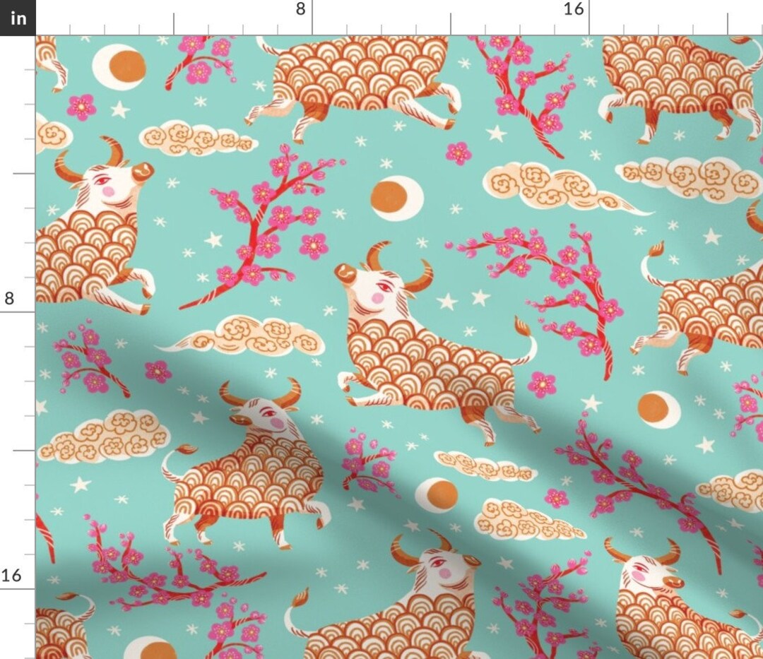 Ox Fabric Year of the Ox Blossoms and Moon by Rebelform 2021 Lunar New ...