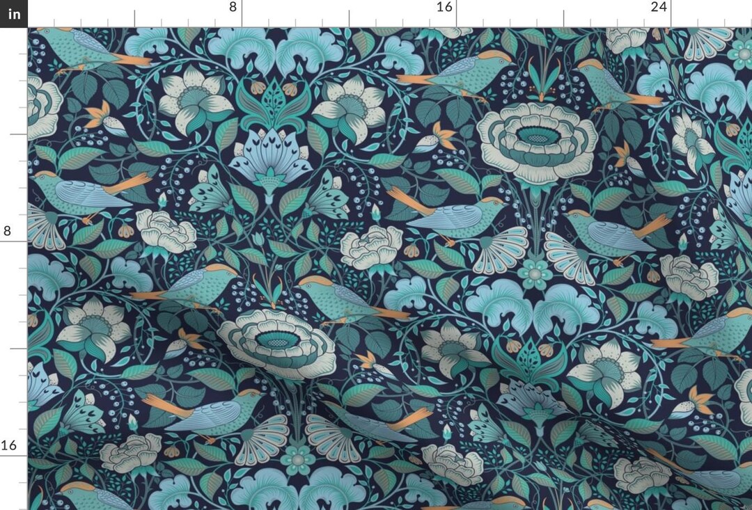 Blue Botanical Fabric - Birds Paradise by Geetanjali - Birds Flower ...