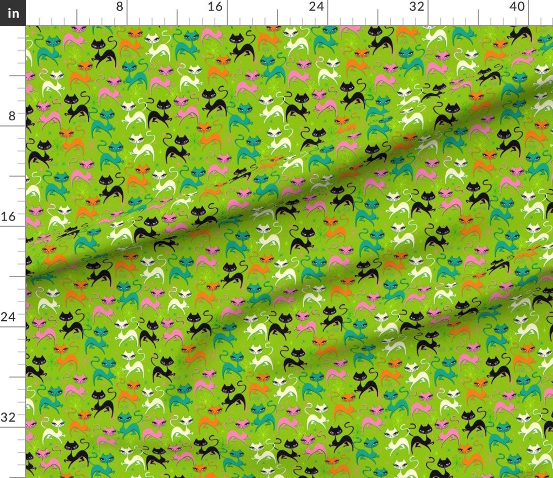 Mid Century Modern Fabric Prancing Kitten-fabric-green by | Etsy