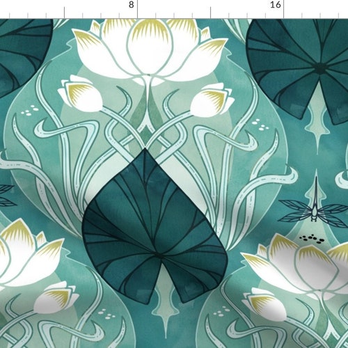 Lotus Fabric Art Deco Lotus Flowers in Pink Navy by Micklyn - Etsy