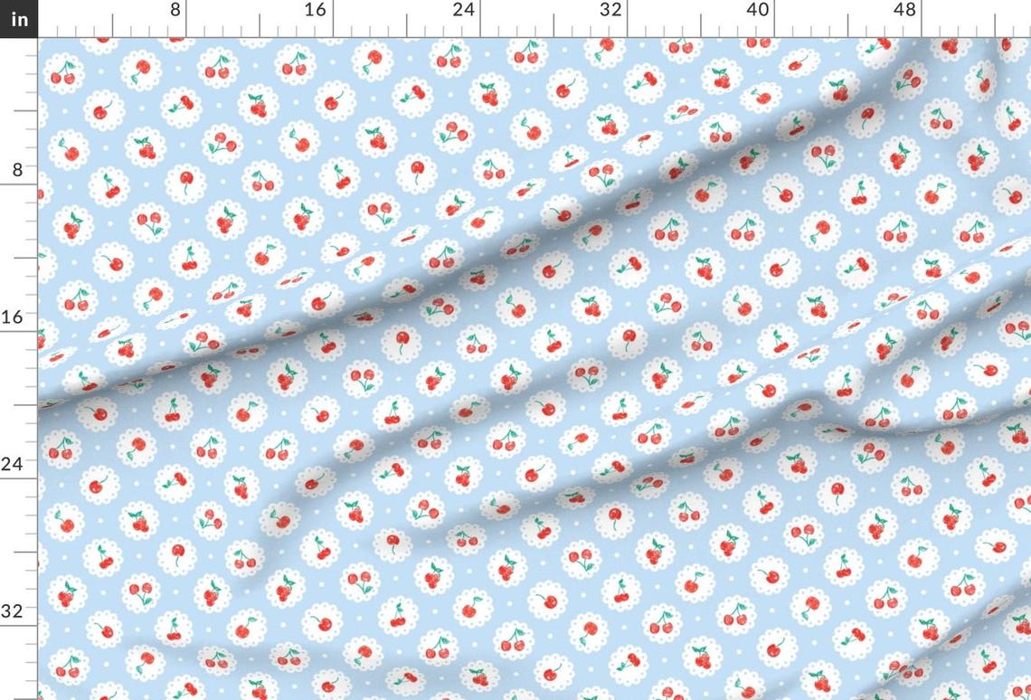 Cherries Fabric - Vintage Red Cherries Blue Doily by Twodreamsshop ...