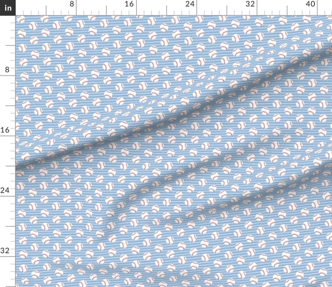 Baseball Fabric Baseballs Light Blue Stripes by - Etsy