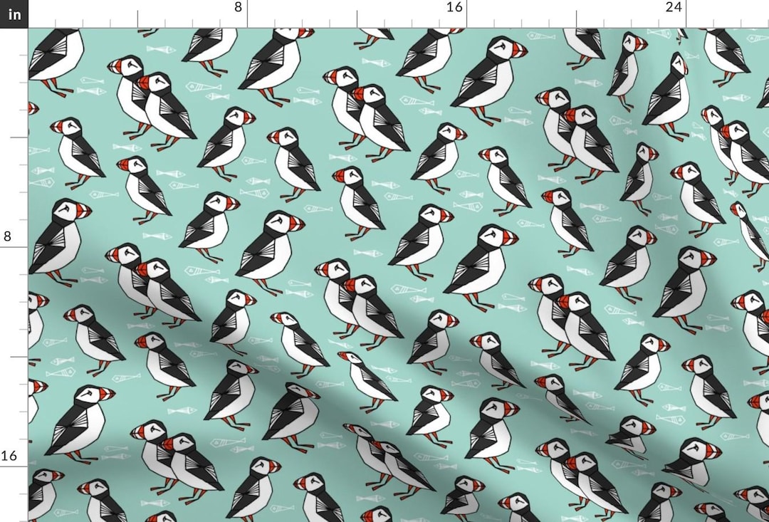Puffin Fabric - Puffin Mint Nautical Scottish Birds Puffin Fabric by ...