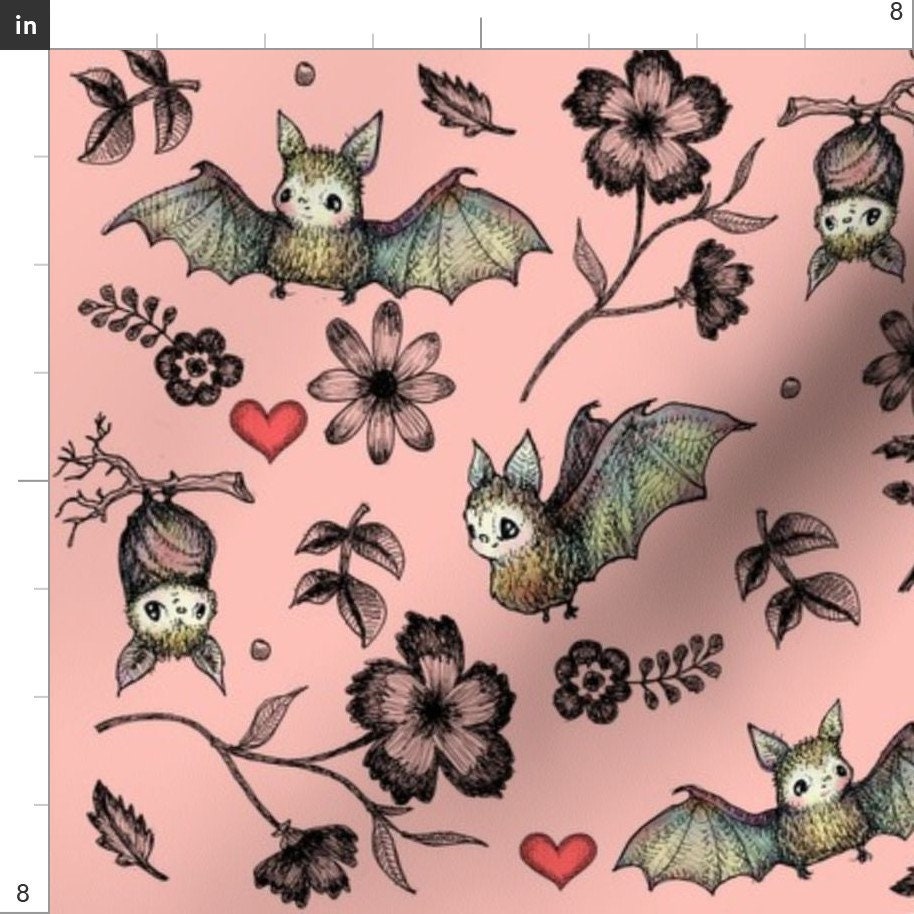 Bats Fabric Bats and Hearts With Pink Background by Andrea - Etsy