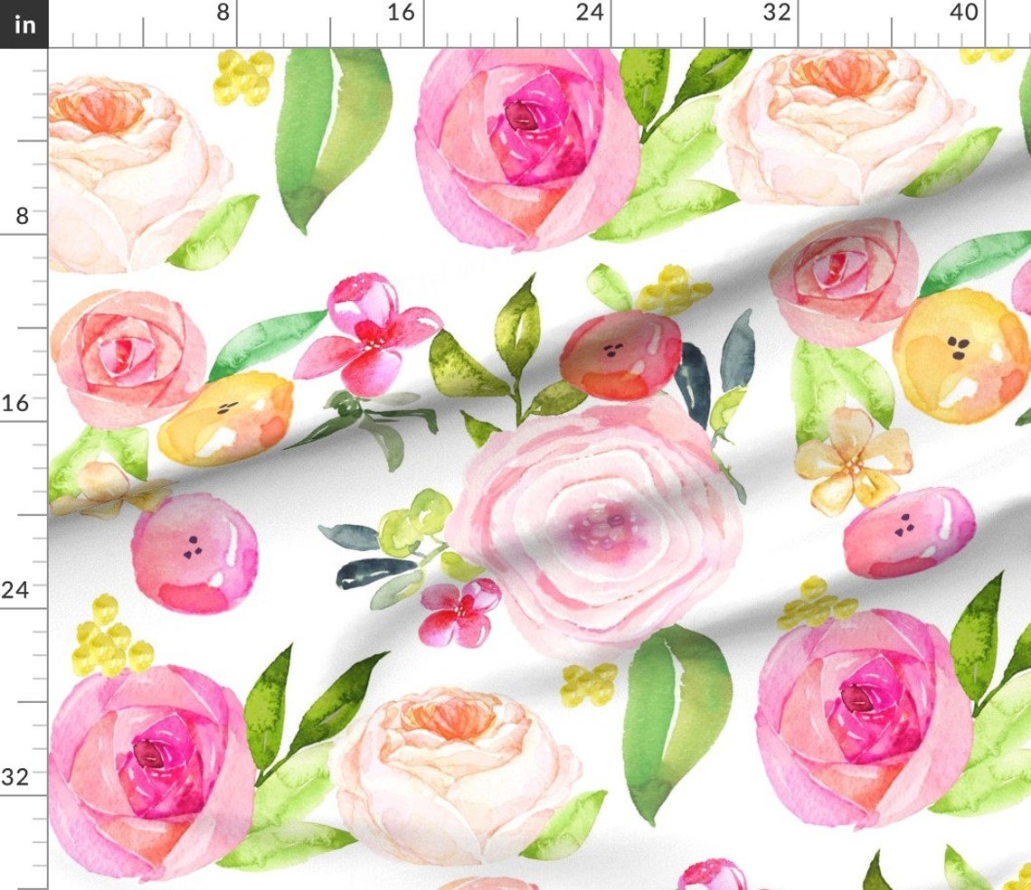 Watercolor Floral Fabric Spring Summer Colorful Pink Flower | Etsy