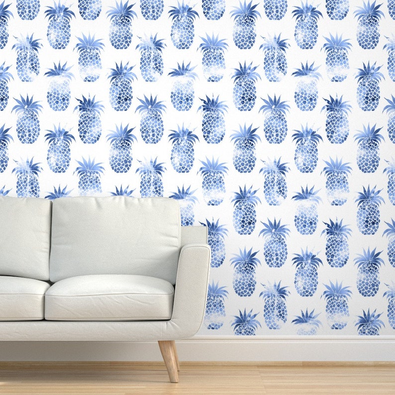Pineapples Wallpaper Pineapples Blue Watercolor by - Etsy