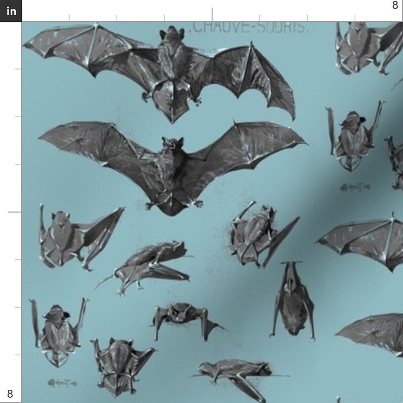 Bat Fabric Illustrated Vintage Bats Blue by Craftyscientists - Etsy