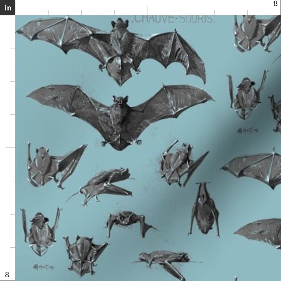 Bat Fabric Illustrated Vintage Bats Blue by Craftyscientists - Etsy
