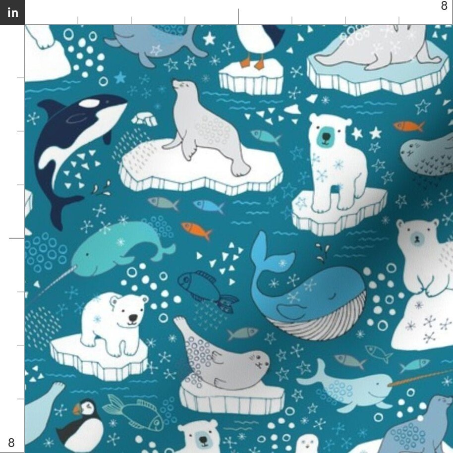 Arctic Fabric Arctic Animal Icebergs Teal and Orange by | Etsy