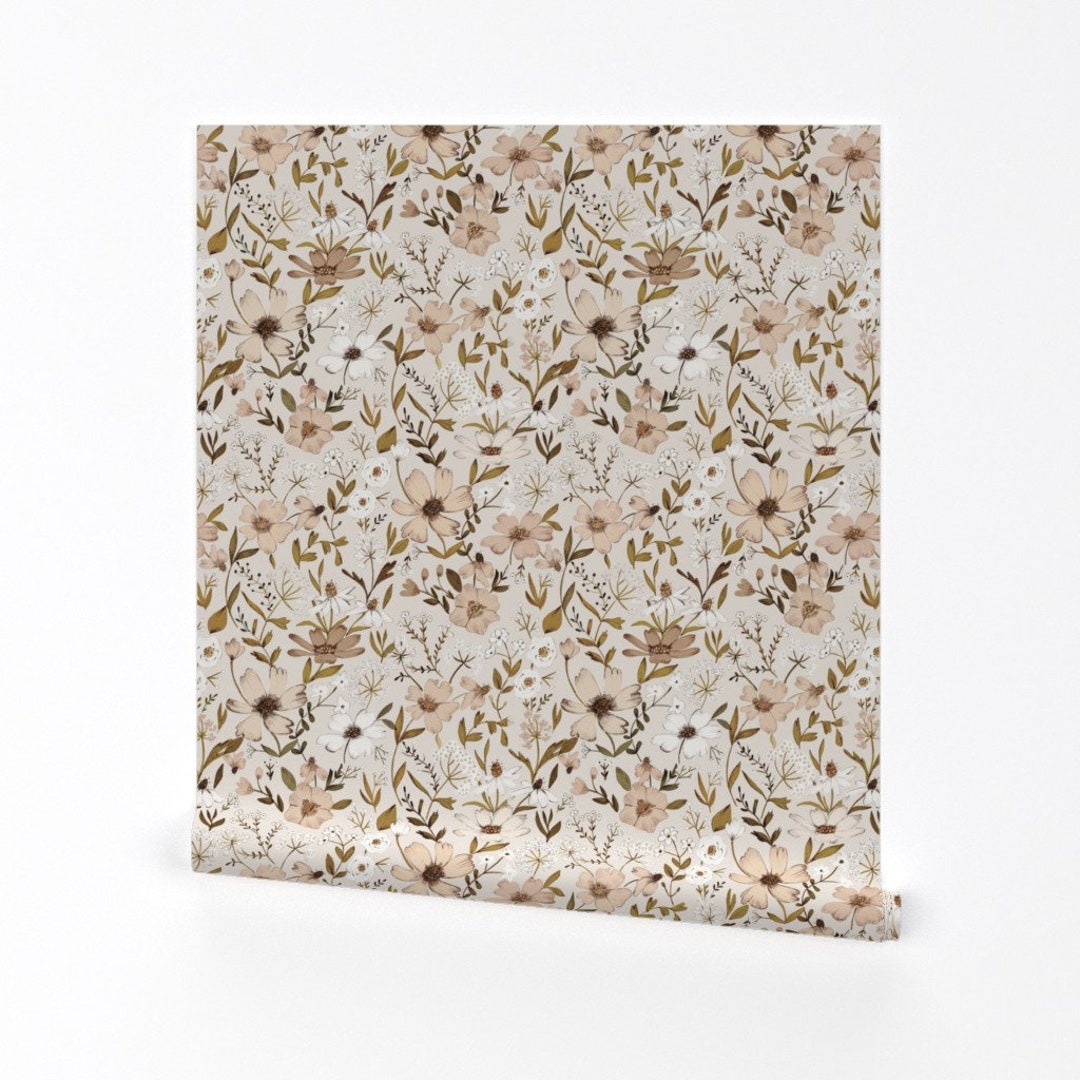 Neutral Floral Fabric Vintage-bloom 1 by Gomboc Beige Brown Flowers ...