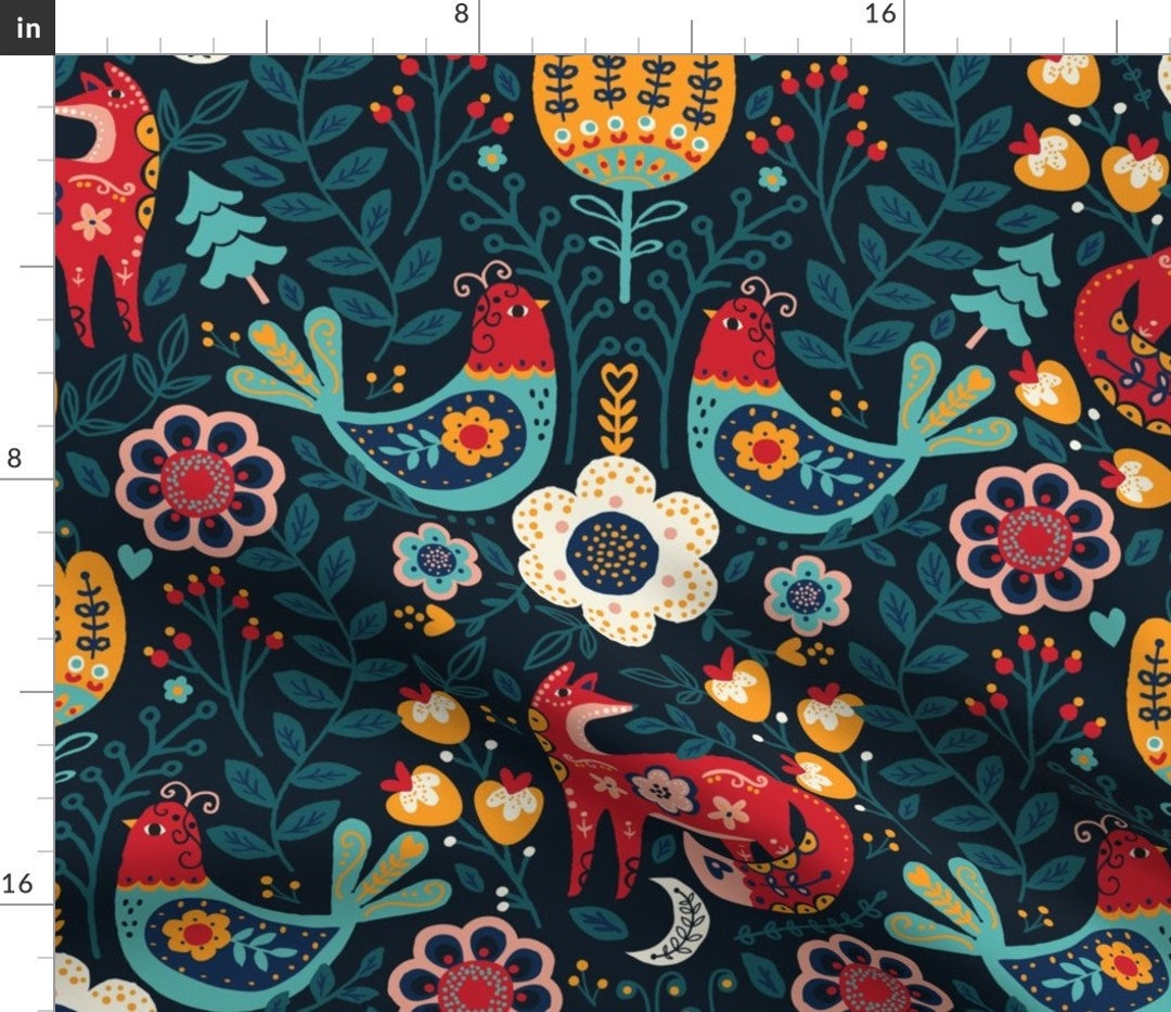 Folk Art Fabric Enchanted Forest by Sally Mountain Navy Blue Red ...