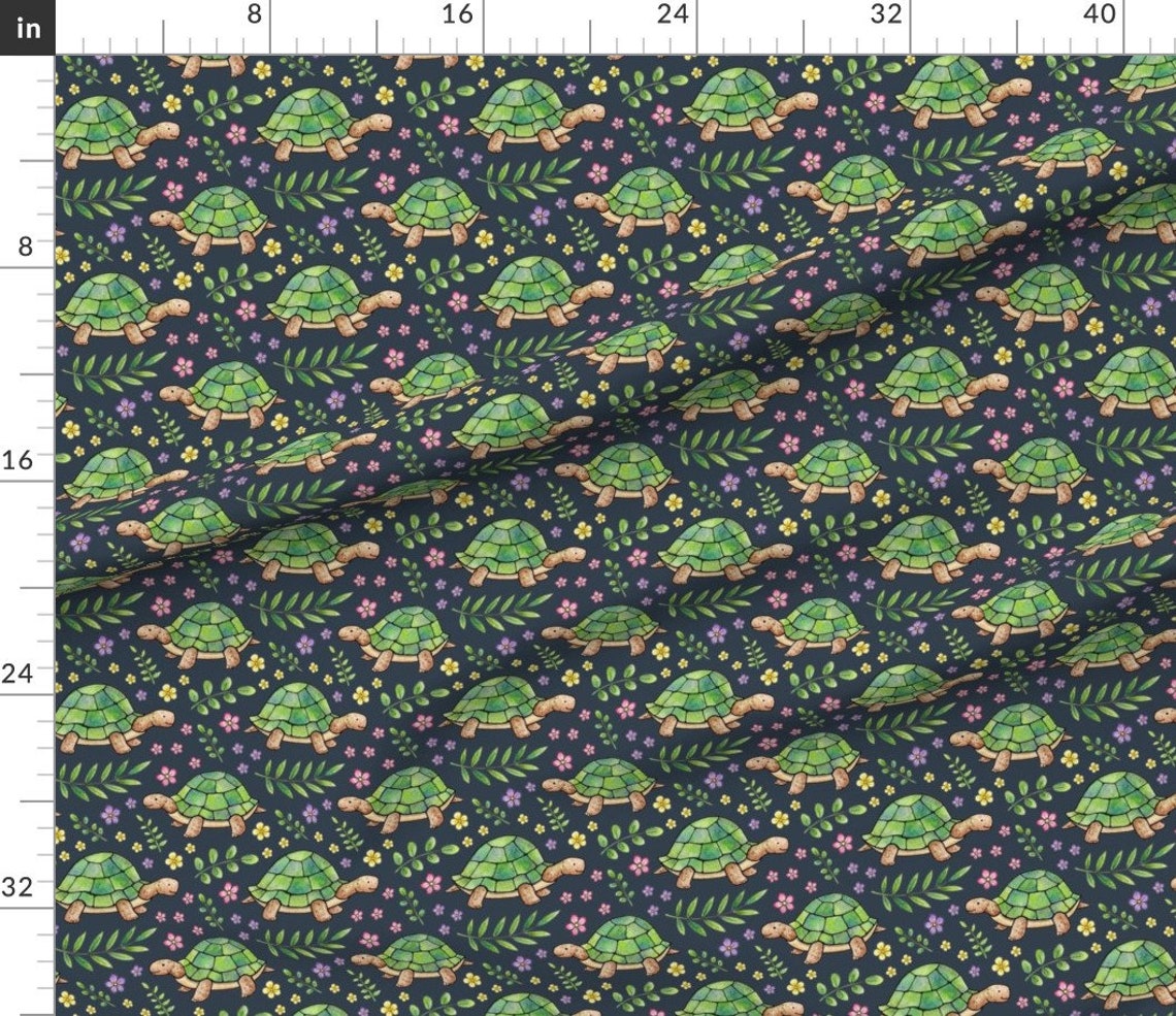 Tortoise Green Fabric Tortoises and Flowers on Navy-grey - Etsy