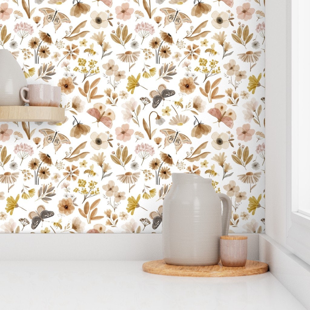 Neutral Floral Wallpaper Botanic Gardens by Hipkiddesigns - Etsy