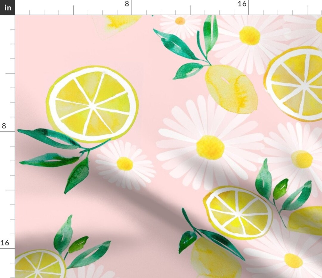 Lemon Fabric Watercolor Lemons and Daisies in Pink by - Etsy