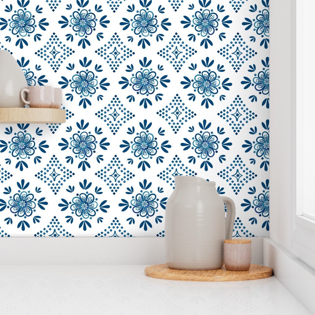 Blue Star Tile Wallpaper Starflower Chinoiserie by - Etsy