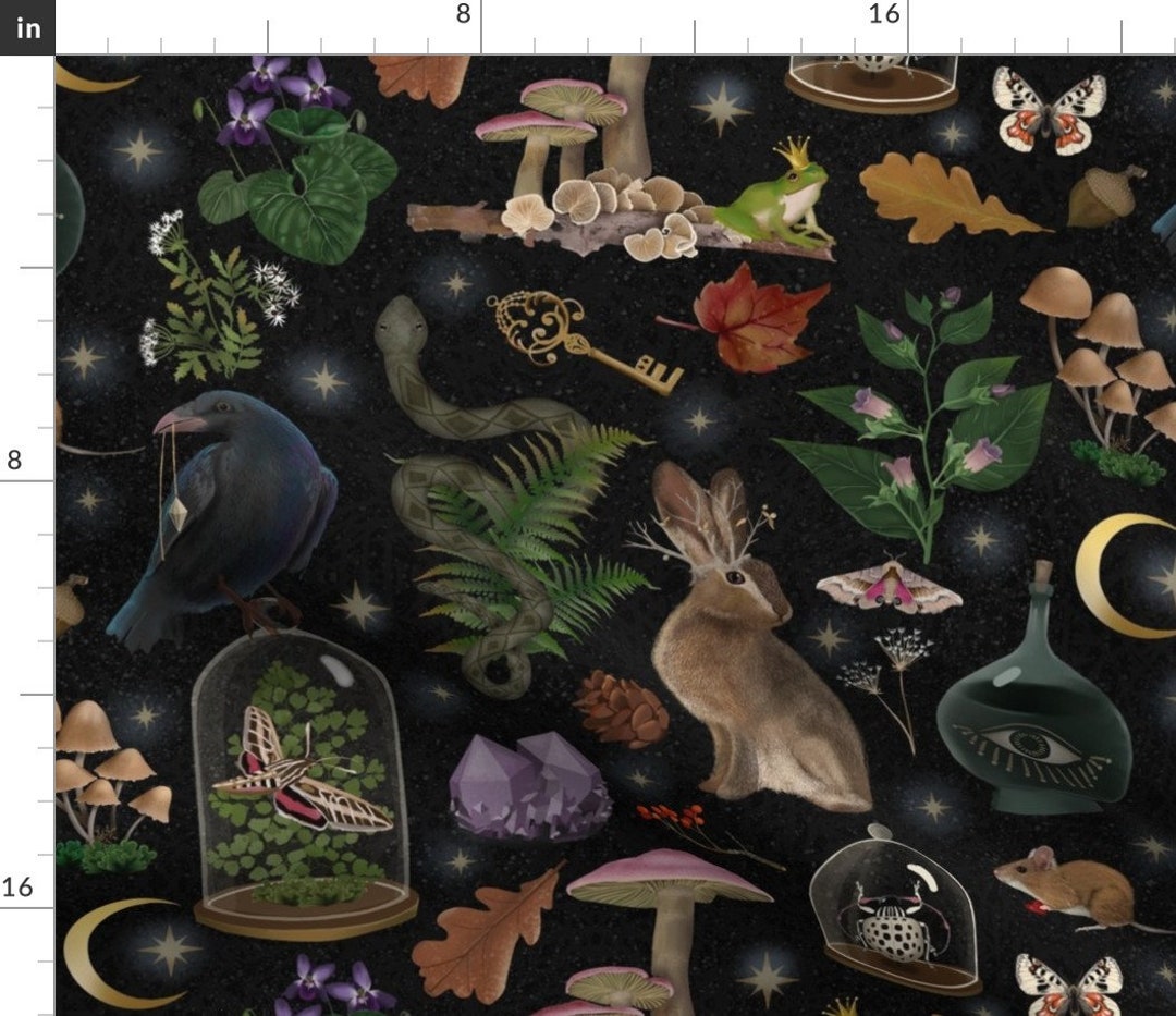 Woodland Gothic Fabric Forest Magic by Shellypenko Rabbit Mouse Black ...