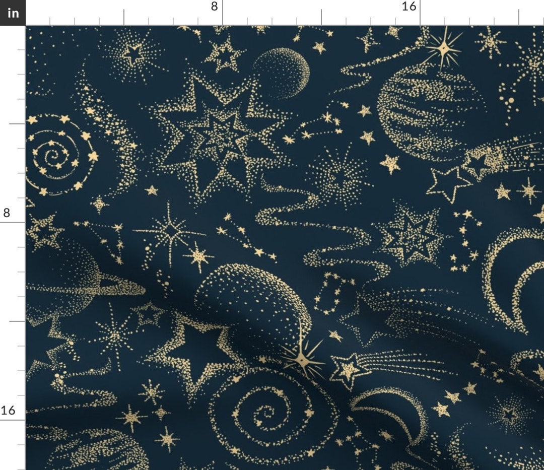 Blue Sky Fabric Beyond the Stars by Anthea_jacklin Yellow Stars Whimsical Hand Drawn Galaxy Moon ...