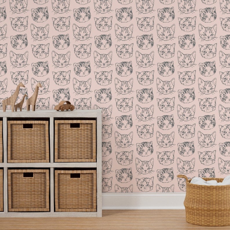 Pink Cat Wallpaper Cat Stack Grey on Peach by - Etsy